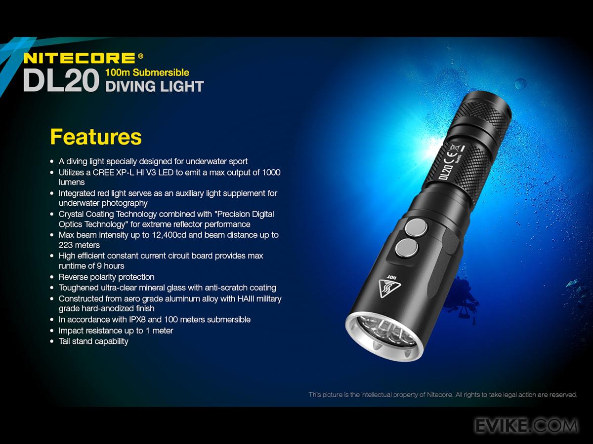 NiteCore DL20 CREE LED 100m Submersible Diving Light, Accessories ...
