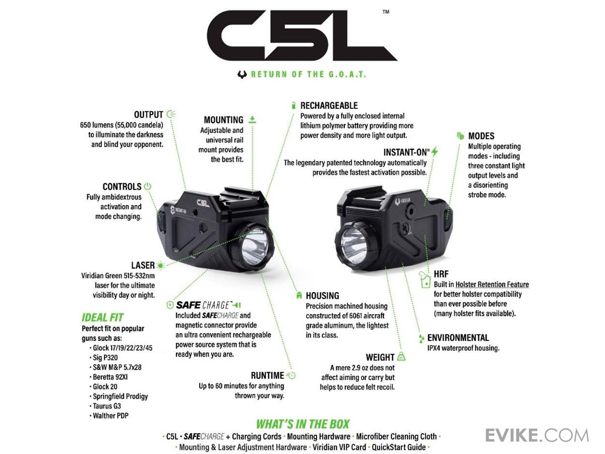 Viridian C5L 655 Lumen Rechargeable Universal Tactical Light and Green ...